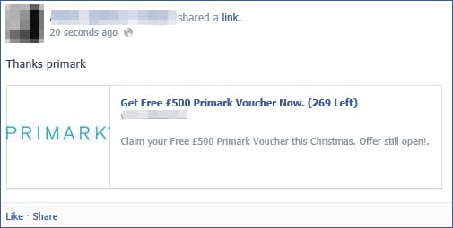 Free £500 Primark Voucher Messages on Facebook - ThatsNonsense.com