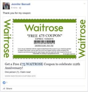 No you won't win a £75 Waitrose coupon for sharing a Facebook post ...