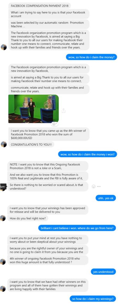 A Facebook lottery scammer contacted us; this is our conversation ...