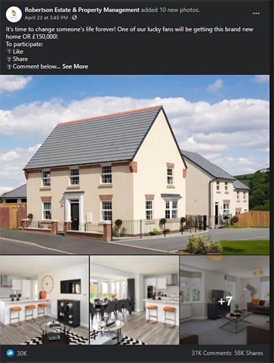 Scam "like-farming" Facebook post claims to offer free house or £ ...